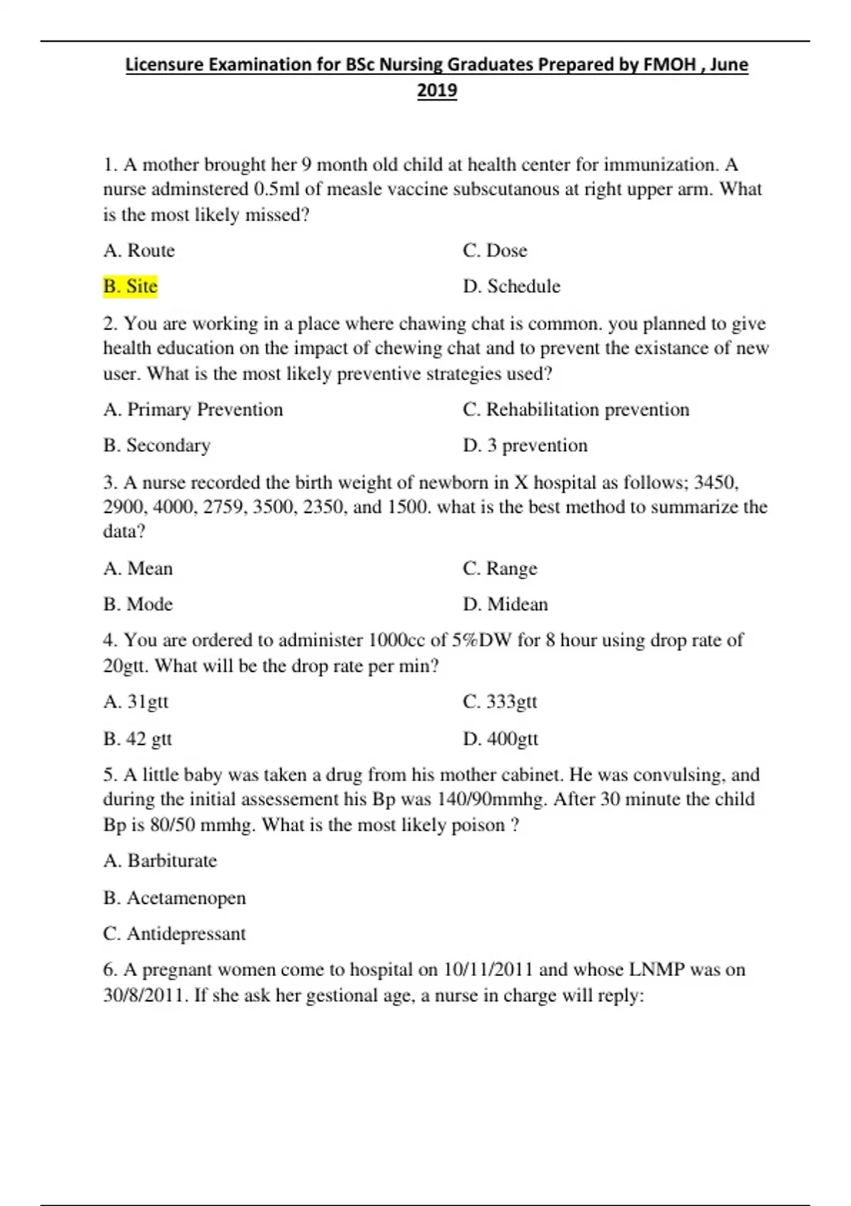 Licensure Examination for BSc Nursing Graduates Prepared by FMOH , (All ...