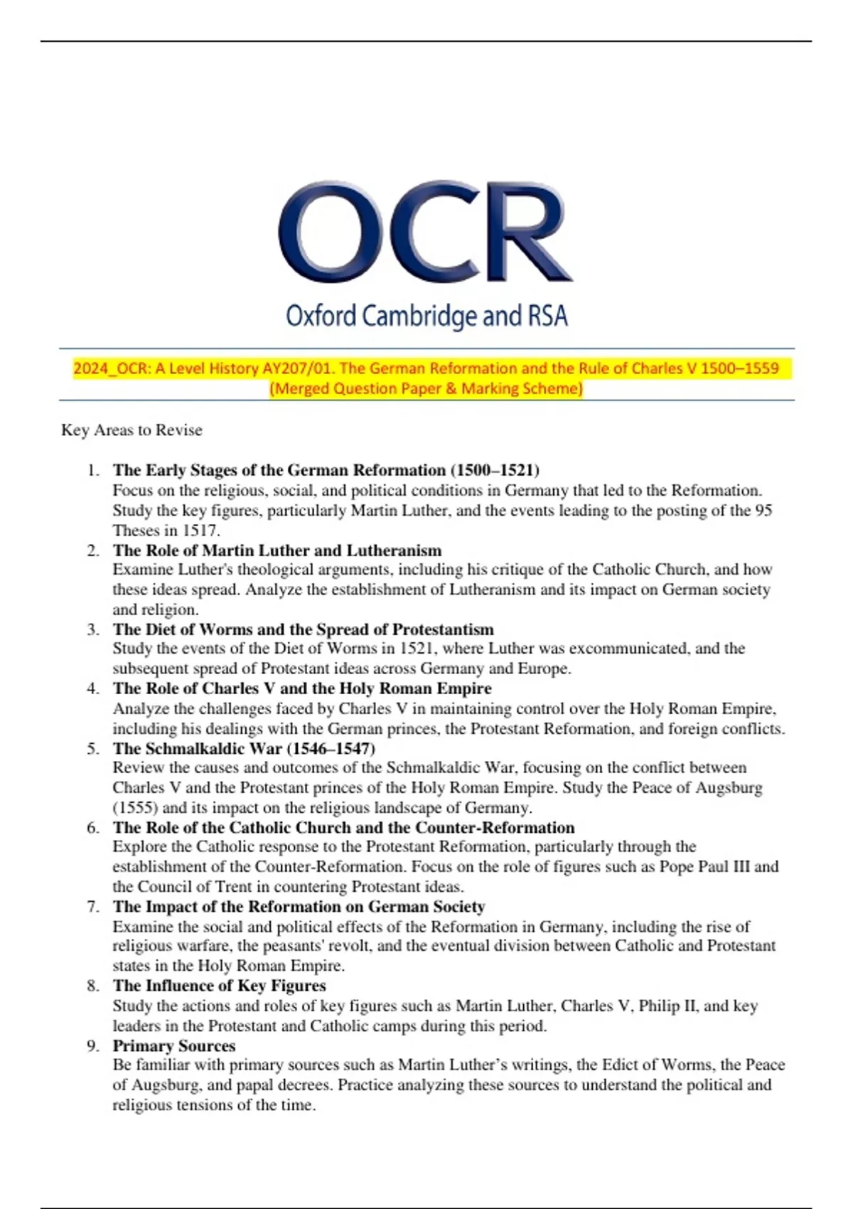 2024_OCR: A Level History AY207/01. The German Reformation and the Rule of Charles V 1500–1559 ...