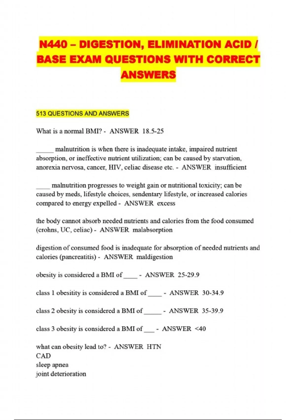 N440 – DIGESTION, ELIMINATION ACID - BASE EXAM QUESTIONS WITH CORRECT ...