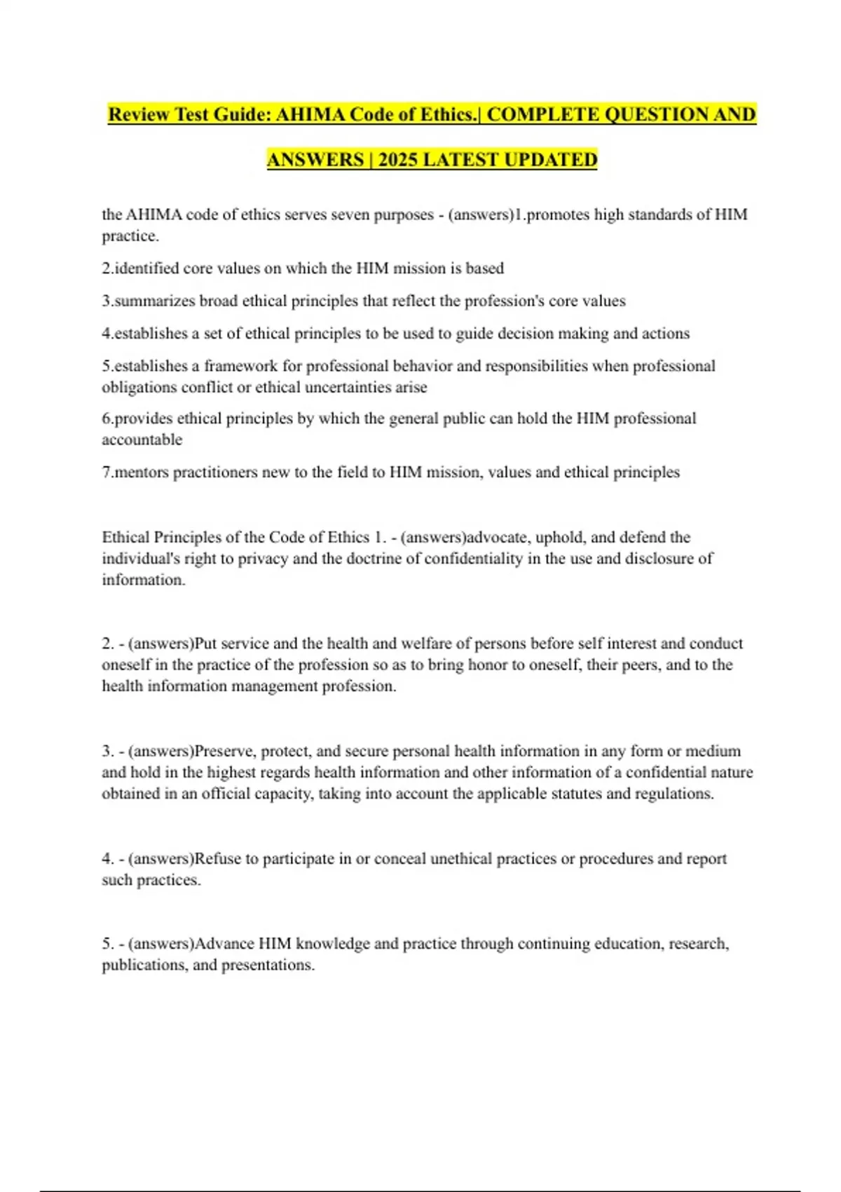 Review Test Guide: AHIMA Code of Ethics.| COMPLETE QUESTION AND ANSWERS ...