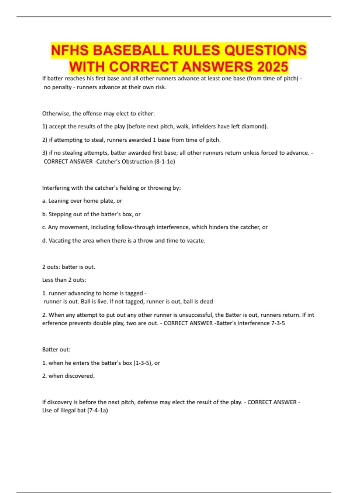 NFHS BASEBALL RULES QUESTIONS WITH CORRECT ANSWERS 2025 - NFHS Baseball Rules - Stuvia US