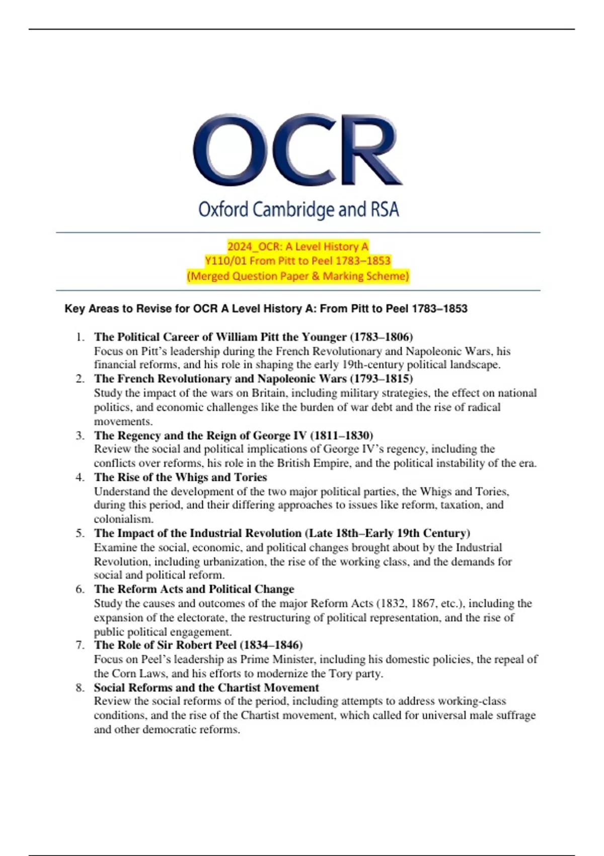 2024_OCR: A Level History AY308/01. The Catholic Reformation 1492–1610 ...