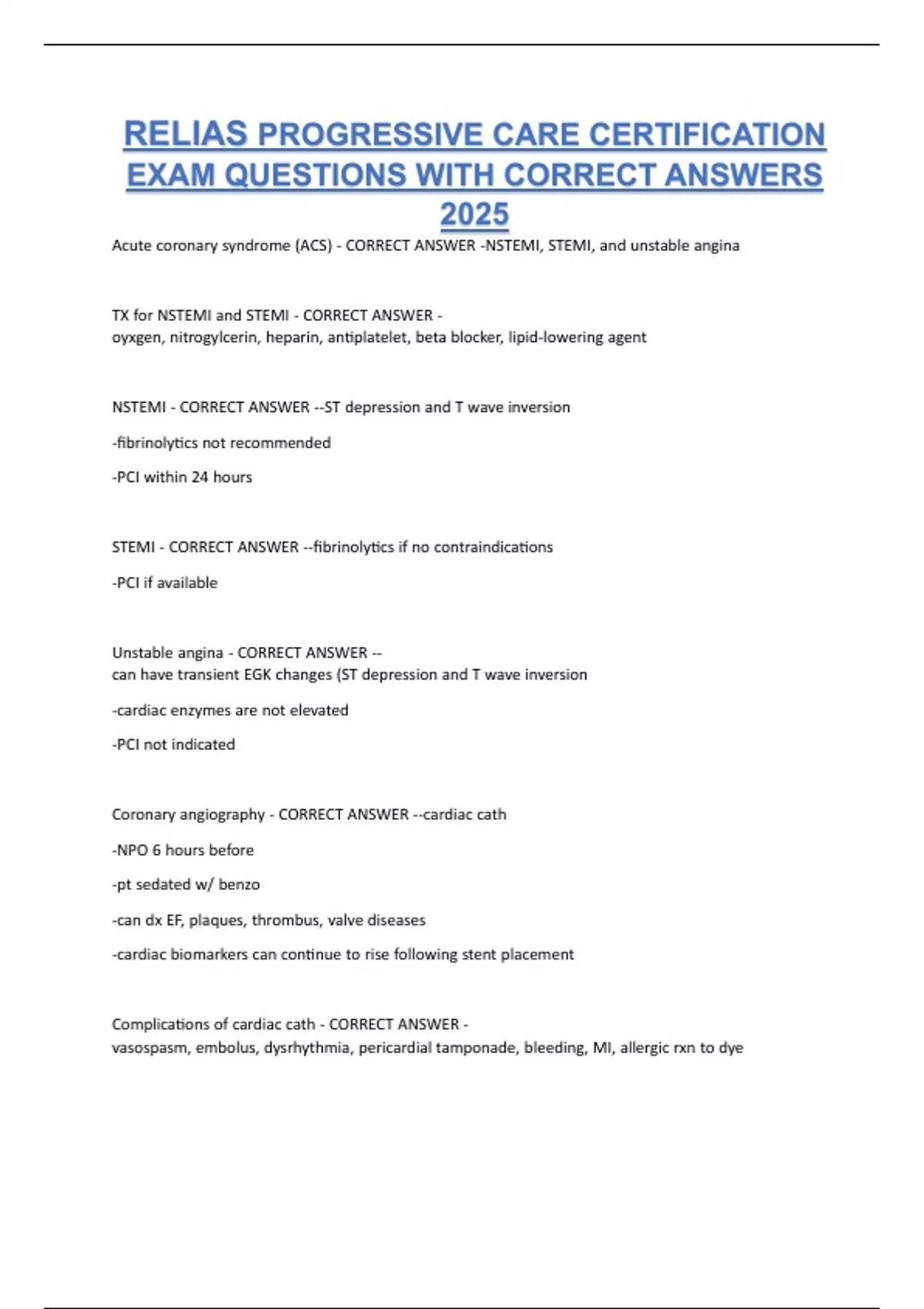 RELIAS PROGRESSIVE CARE CERTIFICATION EXAM QUESTIONS WITH CORRECT ...