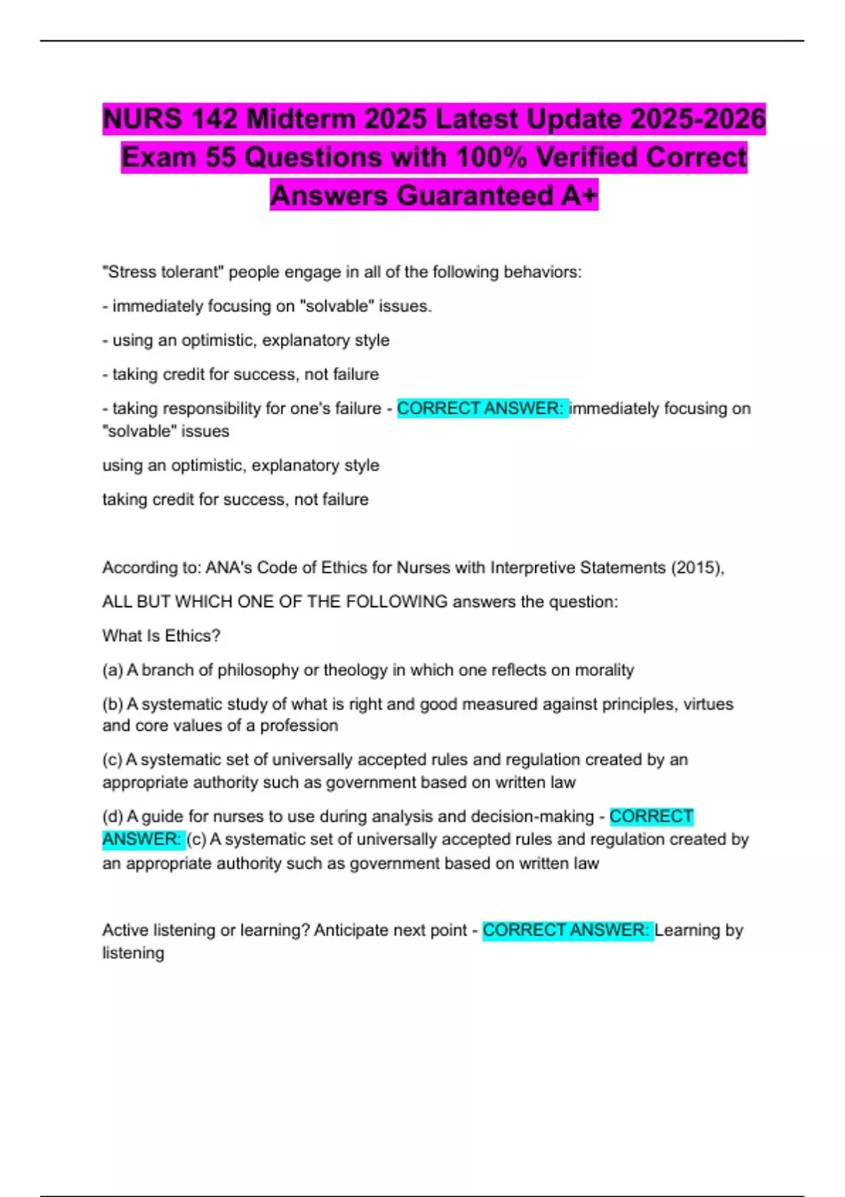 NURS 142 Midterm 2025 Latest Update Exam 55 Questions with 100% ...