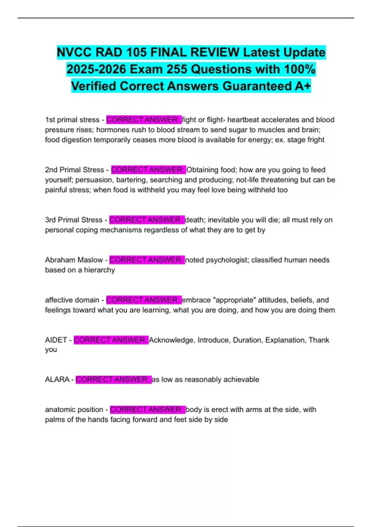 NVCC RAD 105 FINAL REVIEW Latest Update Exam 255 Questions with 100% ...