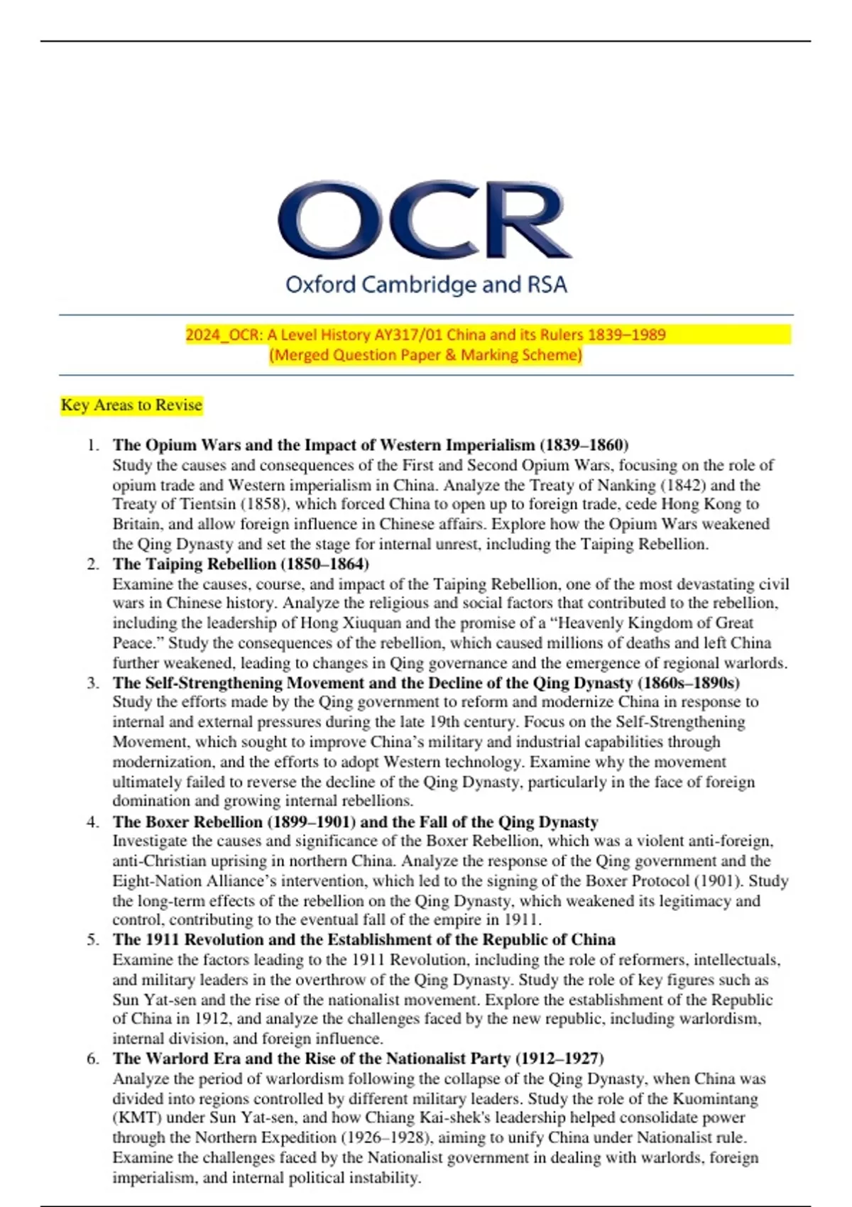 2024_OCR: A Level History AY317/01 China and its Rulers 1839–1989 ...