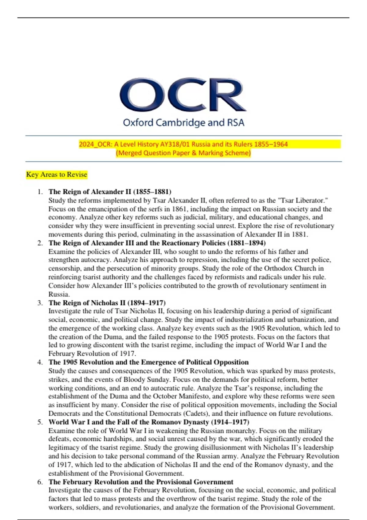 2024_OCR: A Level History AY318/01 Russia and its Rulers 1855–1964 (Merged Question Paper ...