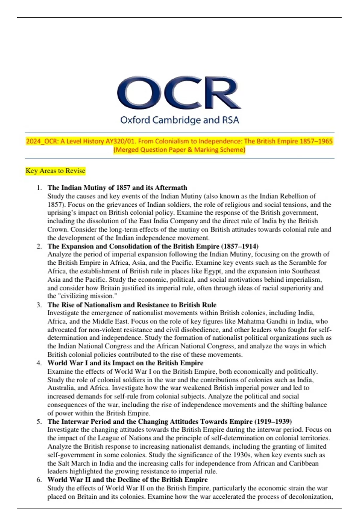 2024_OCR: A Level History AY320/01. From Colonialism to Independence: The British Empire 1857 ...