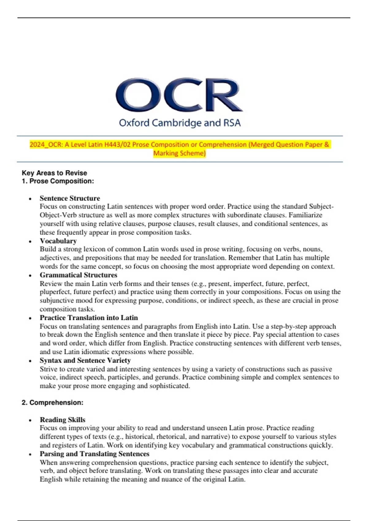 2024_OCR: A Level Latin H443/02 Prose Composition or Comprehension ...