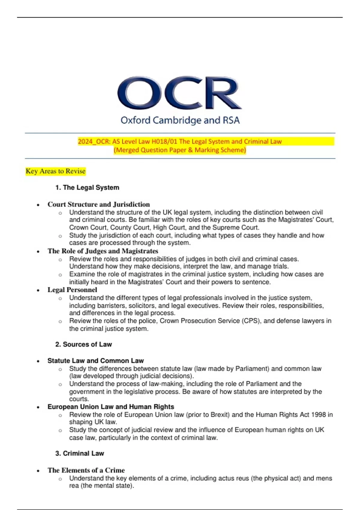 2024_OCR: AS Level Law H018/01 The Legal System and Criminal Law ...