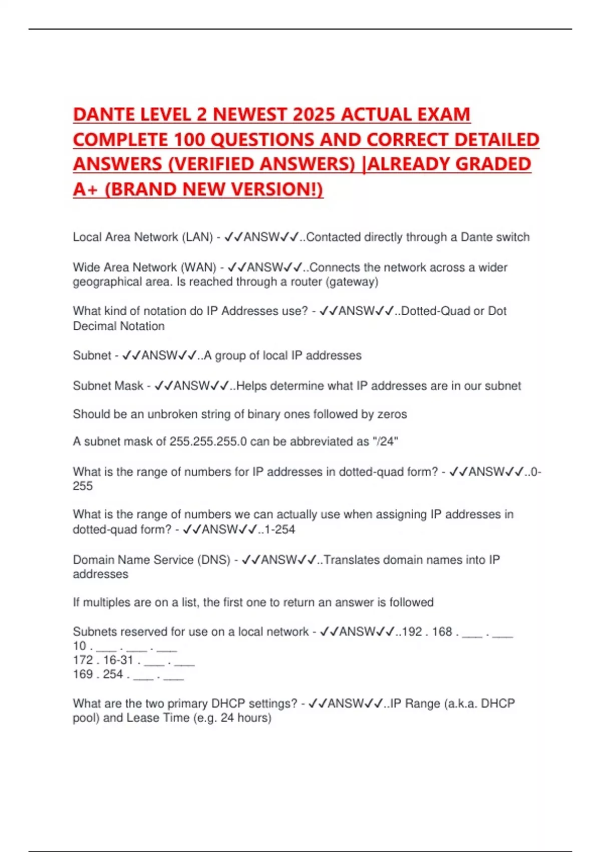 DANTE LEVEL 2 NEWEST 2025 ACTUAL EXAM COMPLETE 100 QUESTIONS AND ...