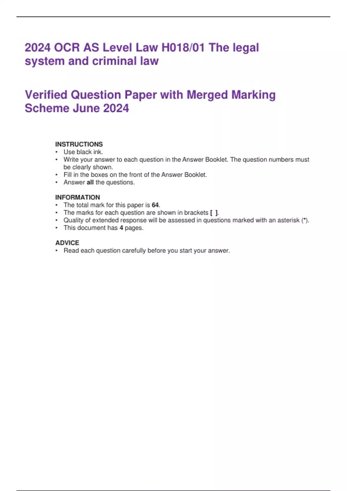 2024 OCR AS Level Law H018/01 The legal system and criminal law ...