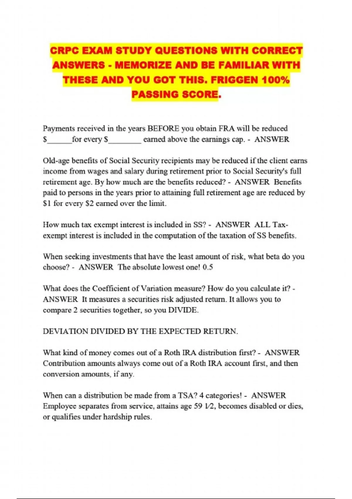 CRPC EXAM STUDY QUESTIONS WITH CORRECT ANSWERS - MEMORIZE AND BE ...