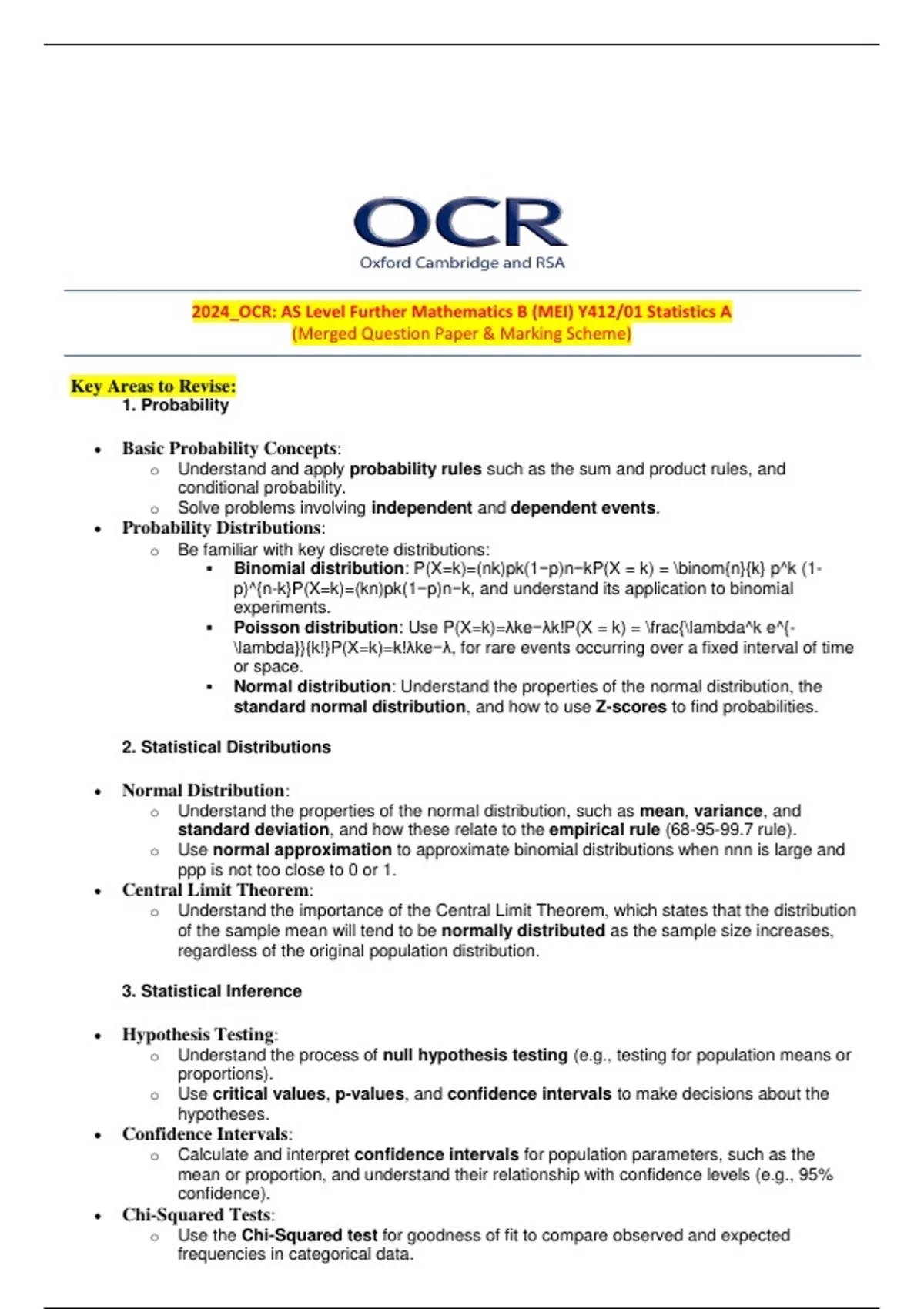 2024_OCR: AS Level Further Mathematics B (MEI) Y412/01 Statistics A ...