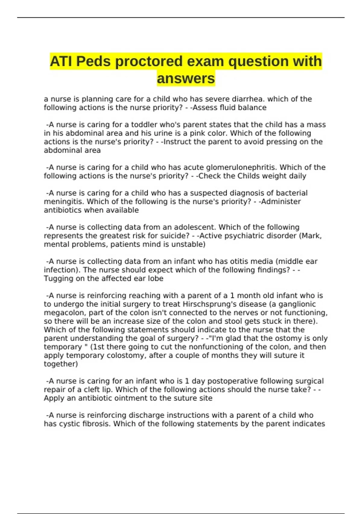 ATI Peds proctored exam question with answers - Ati mental health ...