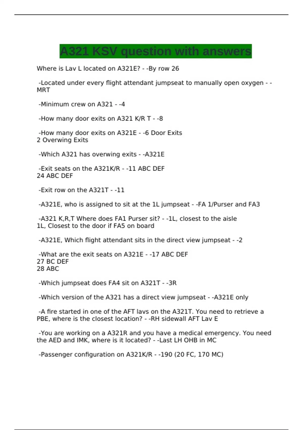 A321 KSV question with answers - A321 KSV - Stuvia US