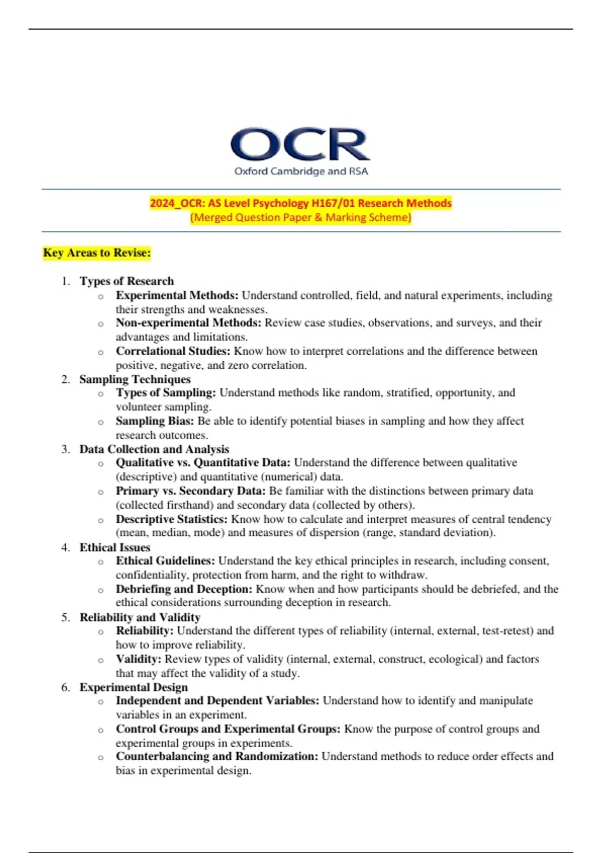 2024_OCR: AS Level Psychology H167/01 Research Methods (Merged Question Paper & Marking Scheme ...