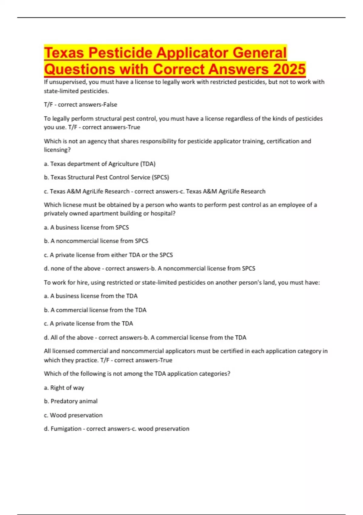 Texas Pesticide Applicator General Questions with Correct Answers 2025 ...