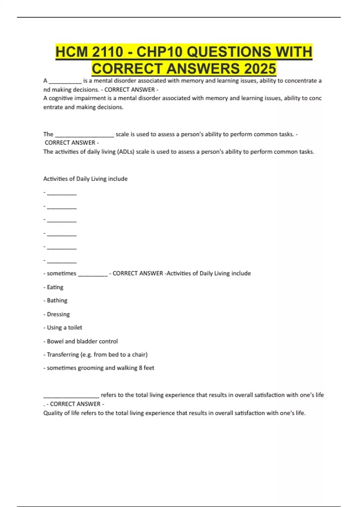 HCM 2110 - CHP10 QUESTIONS WITH CORRECT ANSWERS 2025 - HCM 2110 - Stuvia US