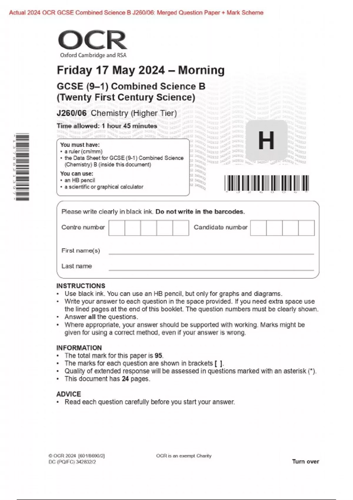 Actual 2024 OCR GCSE Combined Science B Twenty First Century Science ...