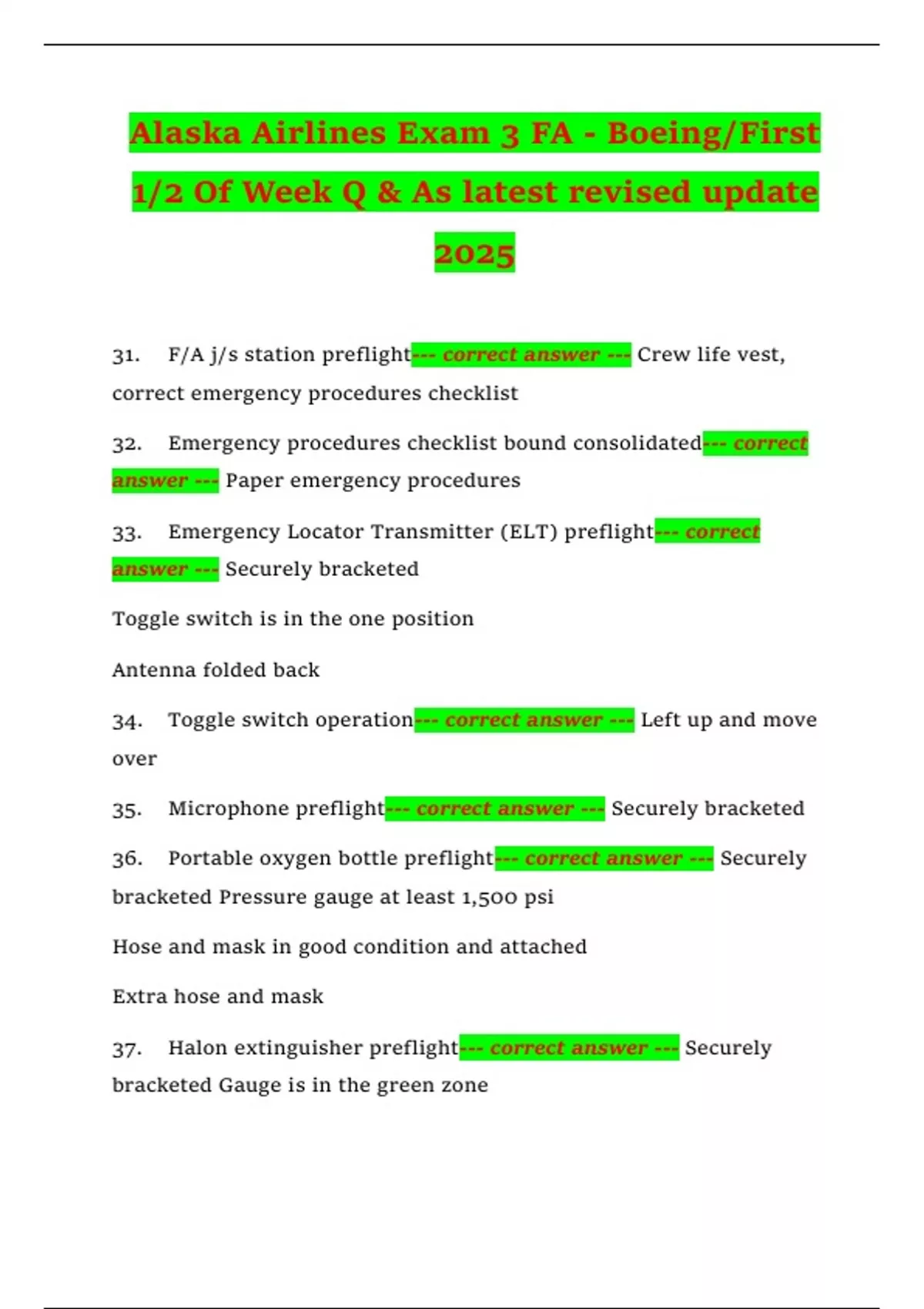 Alaska Airlines Exam 3 FA - Boeing/First 1/2 Of Week Q & As latest ...