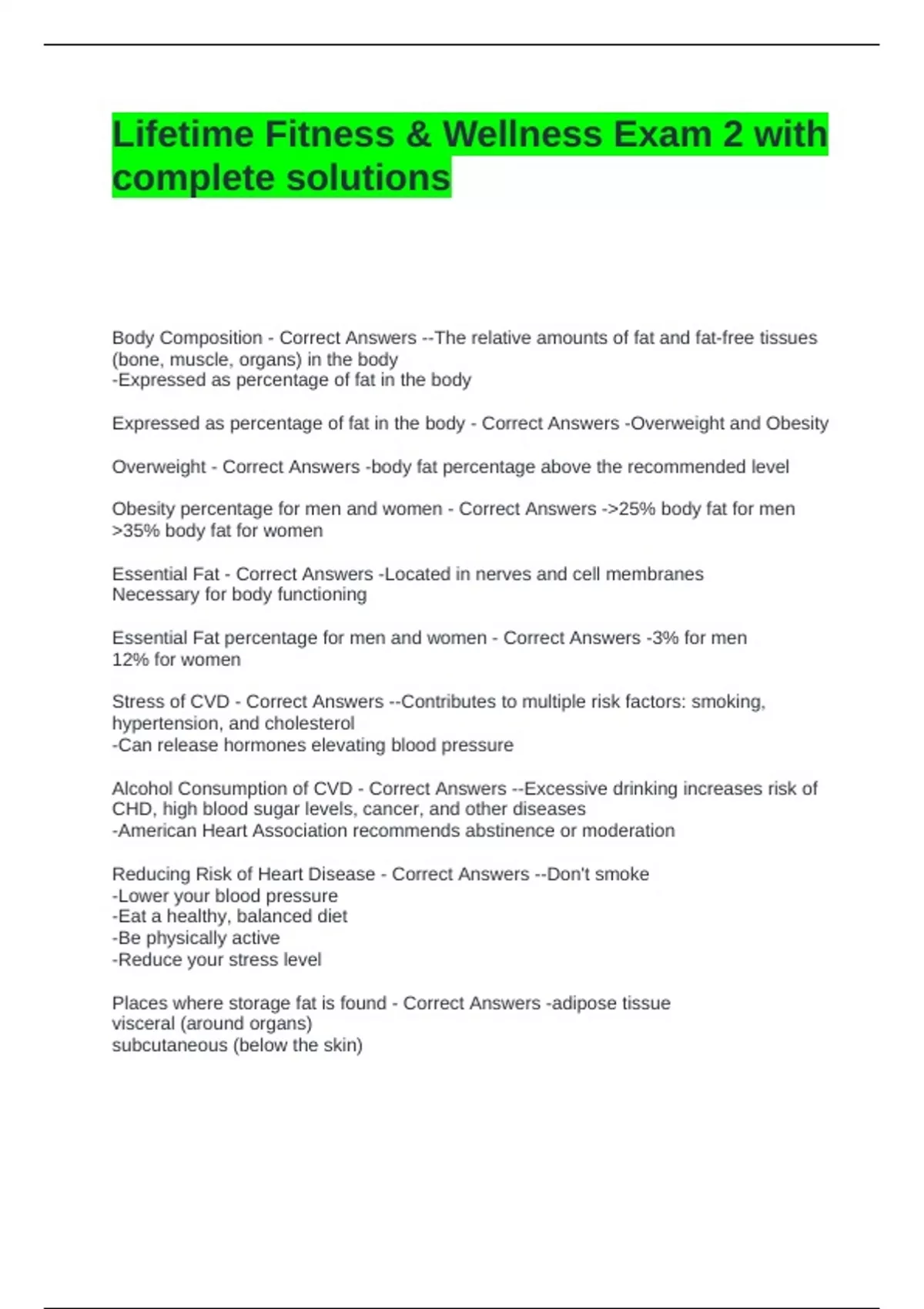 Lifetime Fitness & Wellness Exam 2 with complete solutions - Lifetime ...