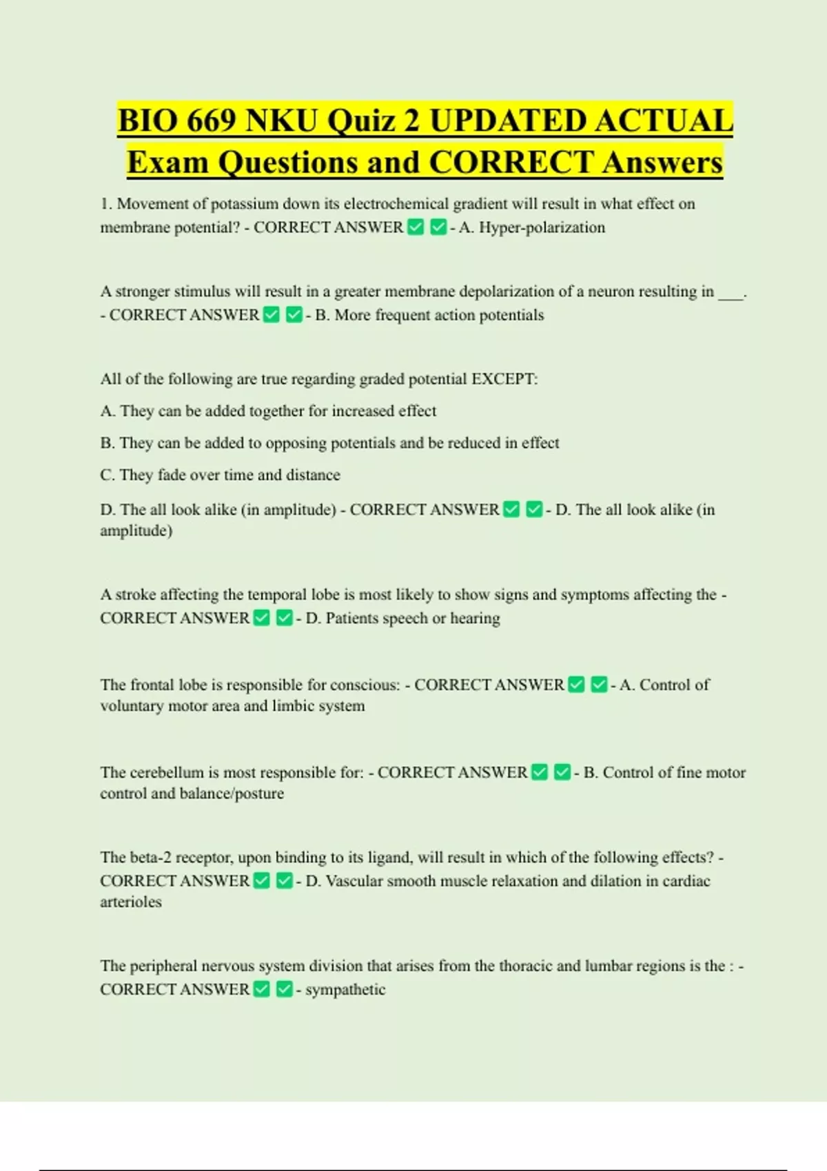 BIO 669 NKU Quiz 2 UPDATED ACTUAL Exam Questions and CORRECT Answers - Bio 669 - Stuvia US