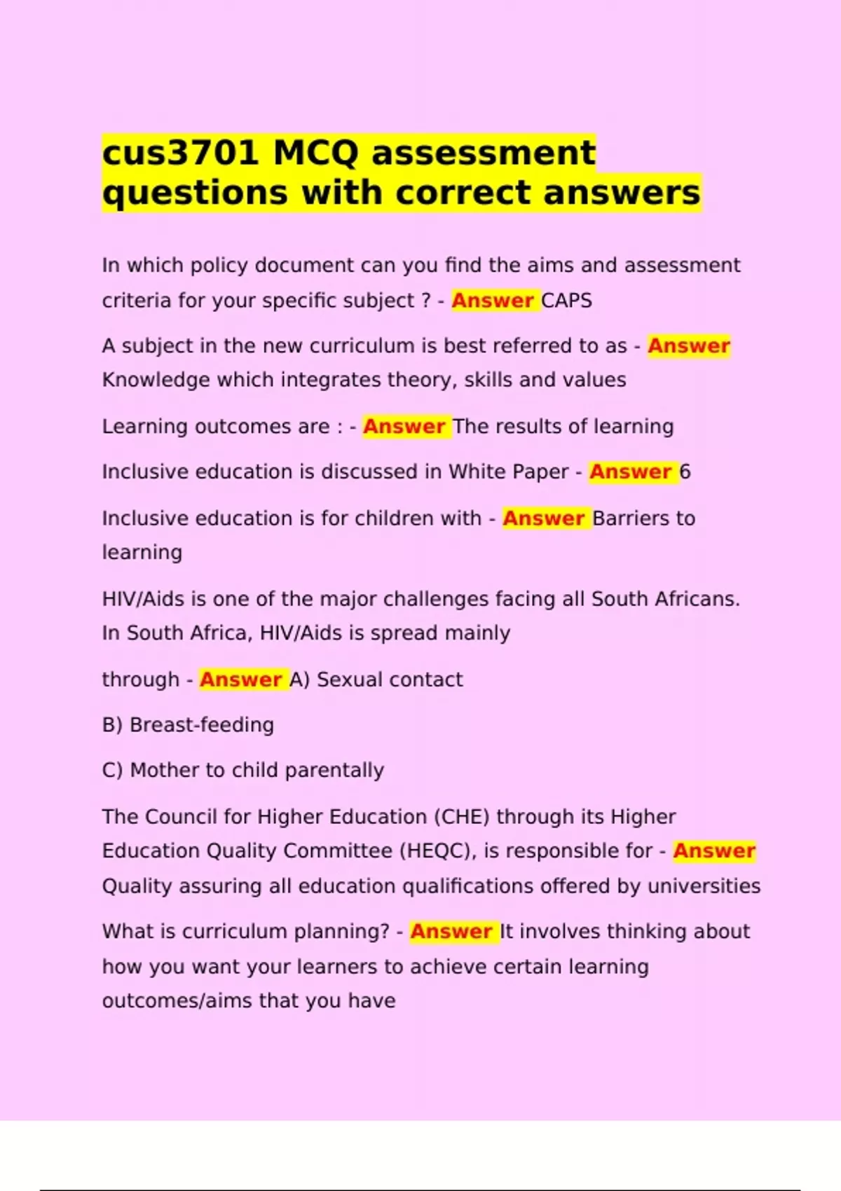 cus3701 MCQ assessment questions with correct answers In which policy ...