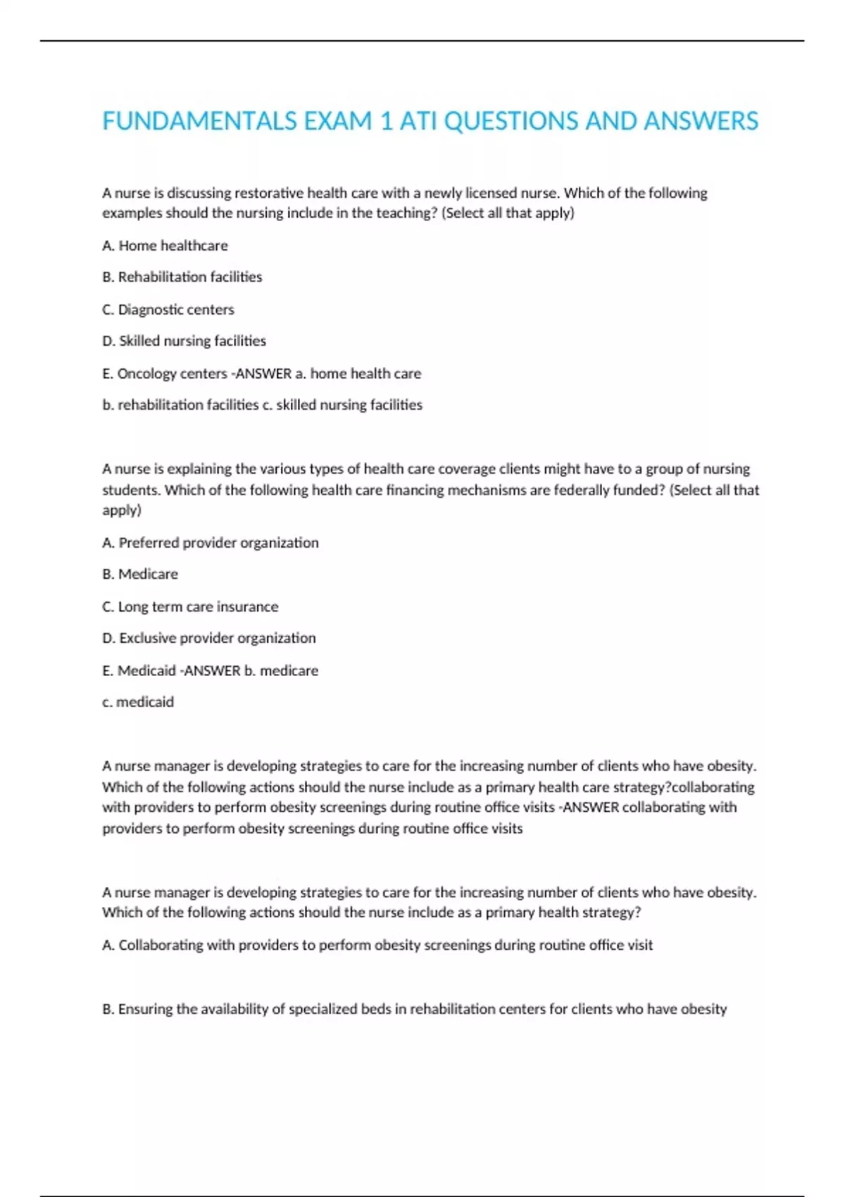 FUNDAMENTALS EXAM 1 ATI QUESTIONS AND ANSWERS - Fundamentals - Stuvia US
