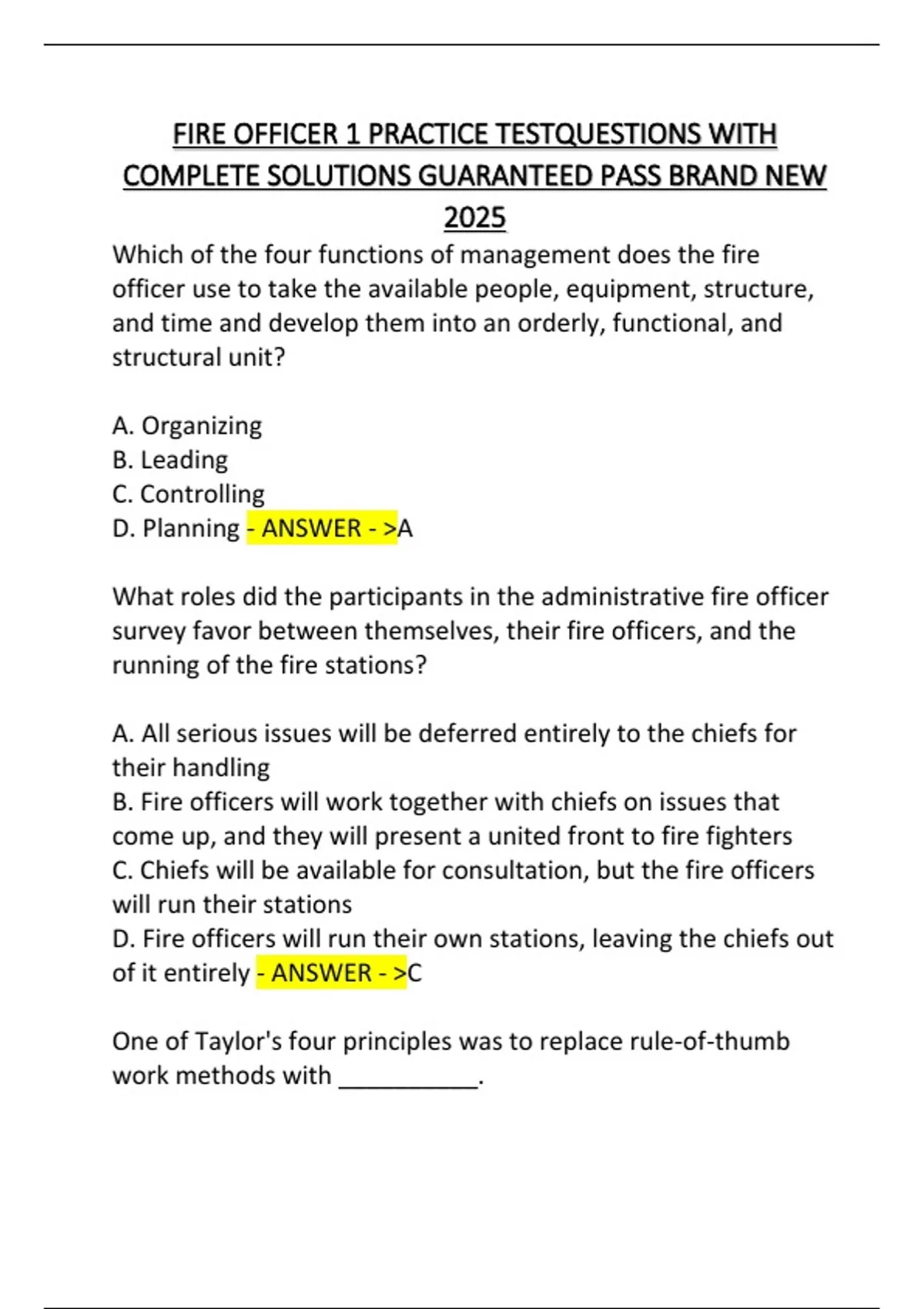 FIRE OFFICER 1 PRACTICE TESTQUESTIONS WITH COMPLETE SOLUTIONS ...