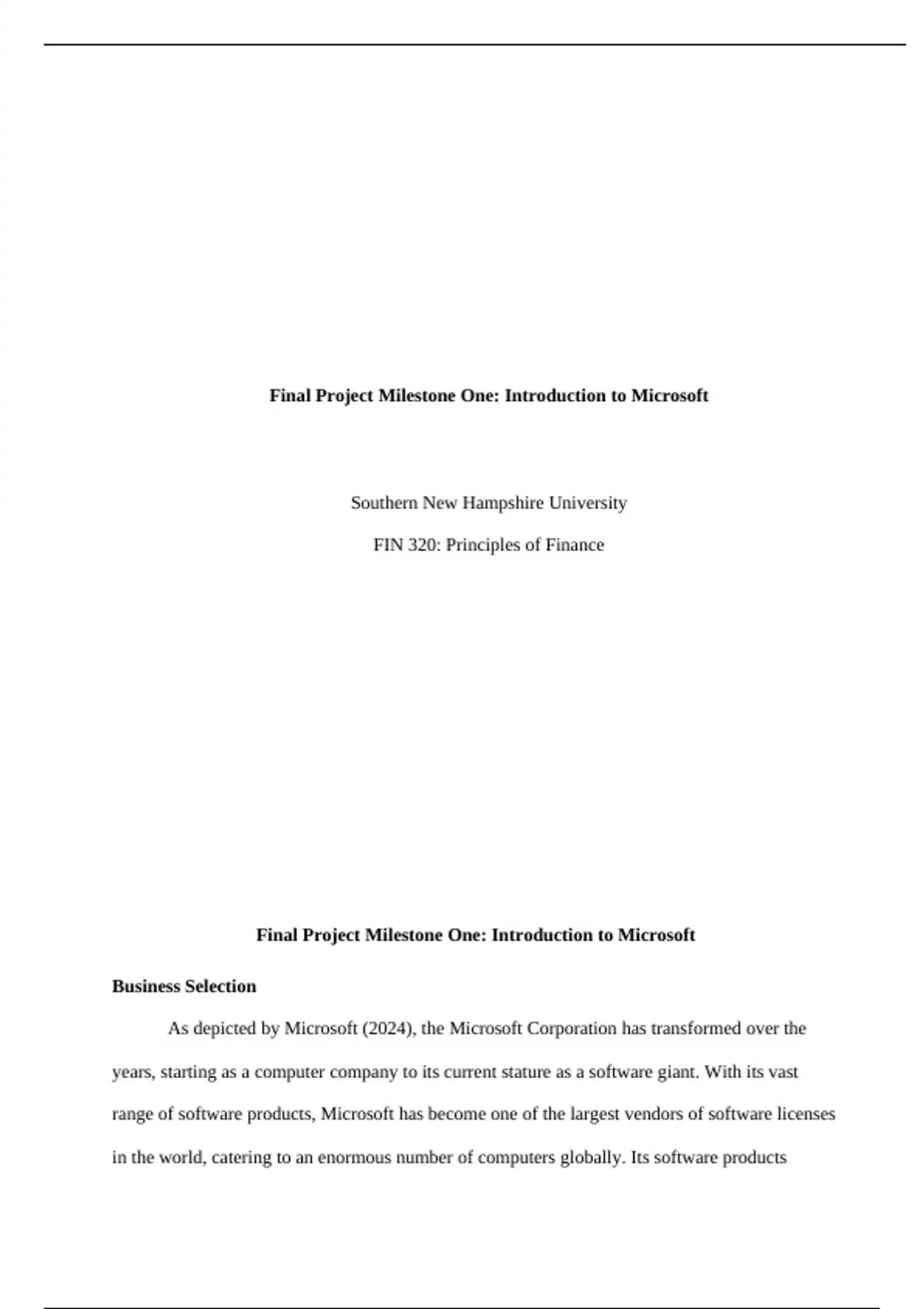 Summary Final Project Milestone One: Introduction to Microsoft Southern ...