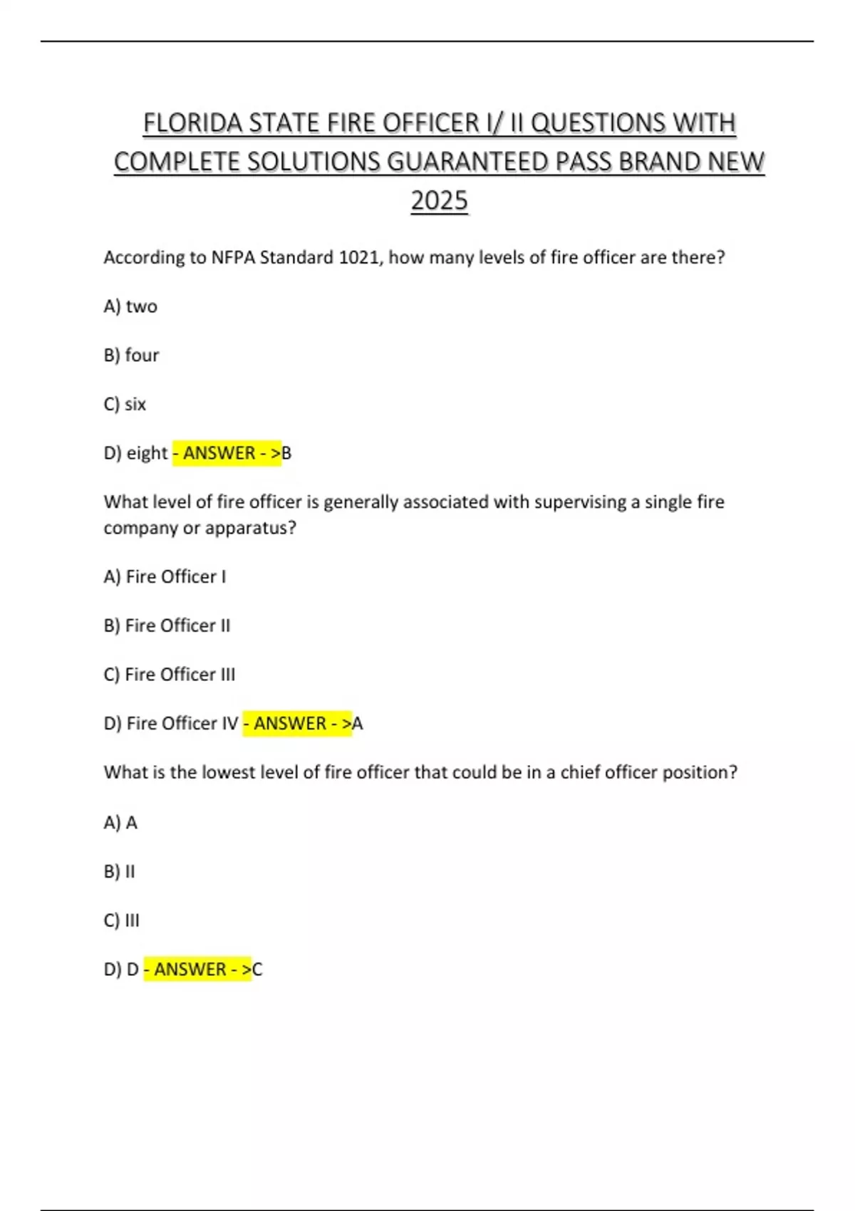 FLORIDA STATE FIRE OFFICER I/ II QUESTIONS WITH COMPLETE SOLUTIONS ...