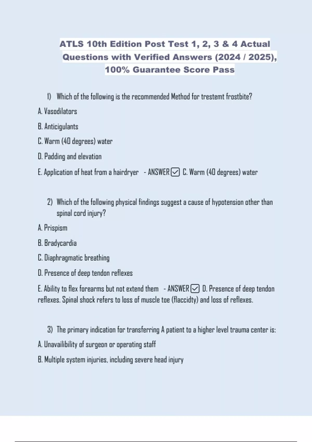 ATLS Post Test. MCQ EXAMS BUNDLE WITH VERIFIED ANSWERS UPDATED 2025 ...