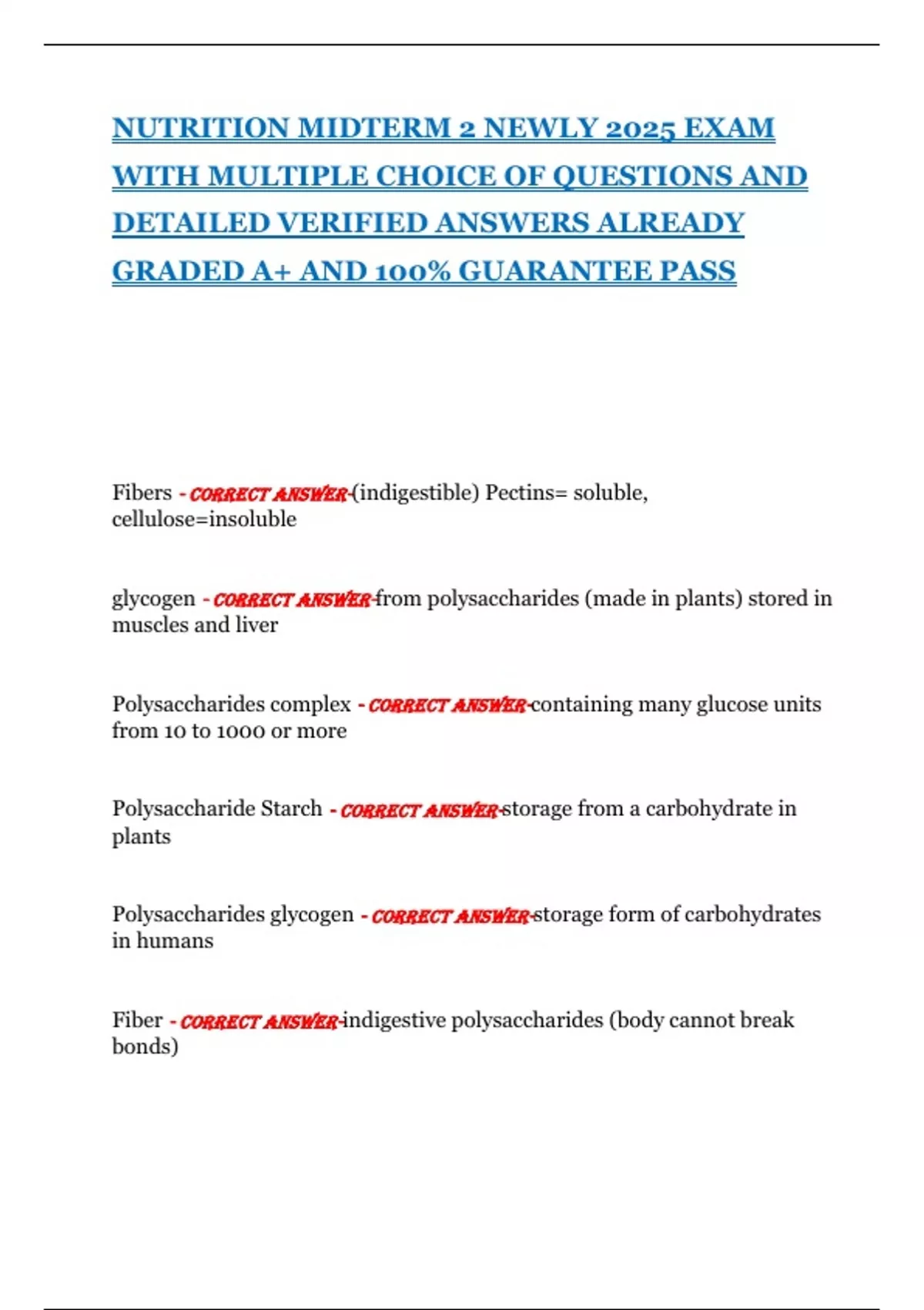 NUTRITION MIDTERM 2 NEWLY 2025 EXAM WITH MULTIPLE CHOICE OF QUESTIONS AND DETAILED VERIFIED ...