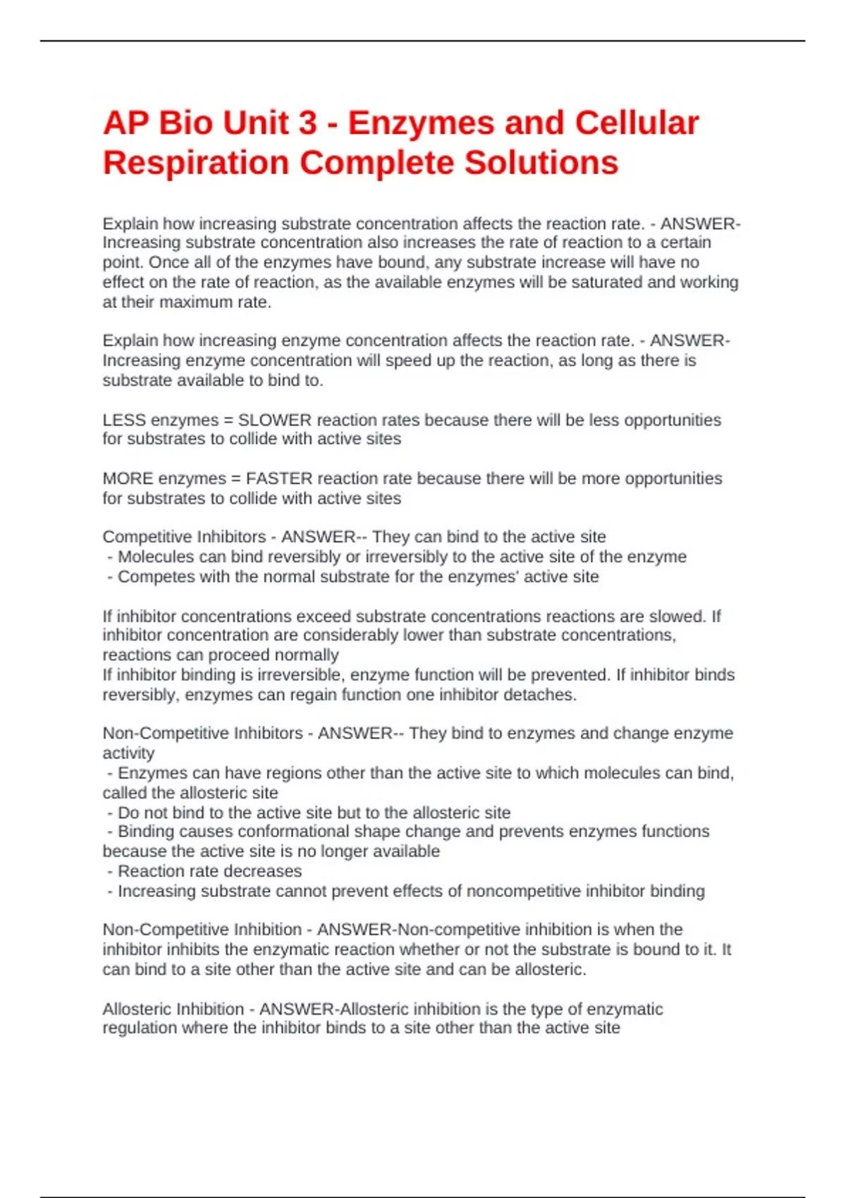 AP Bio Unit 3 - Enzymes and Cellular Respiration Complete Solutions - AP Biology Enzyme - Stuvia US