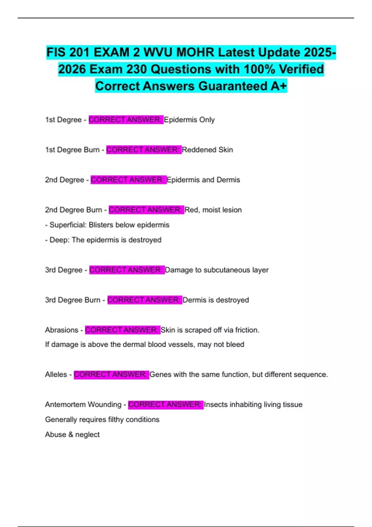 FIS 201 EXAM 2 WVU MOHR Latest Update Exam 230 Questions with 100% ...