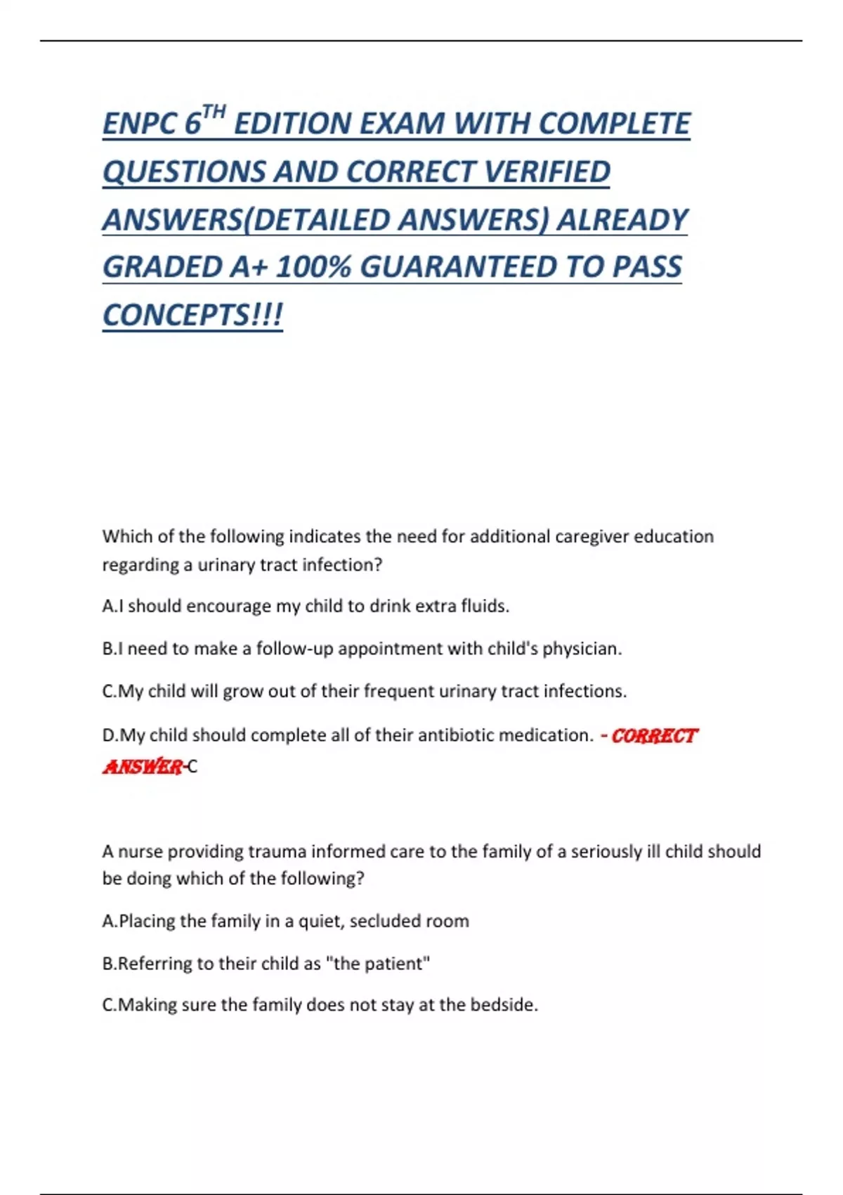 ENPC 6TH EDITION EXAM WITH COMPLETE QUESTIONS AND CORRECT VERIFIED ...