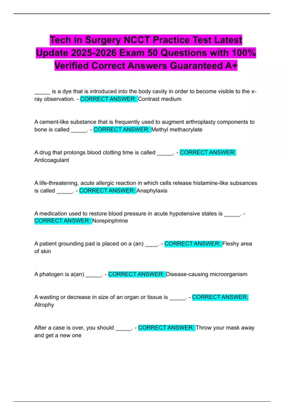 Tech in Surgery NCCT Practice Test Latest Update Exam 50 Questions with ...