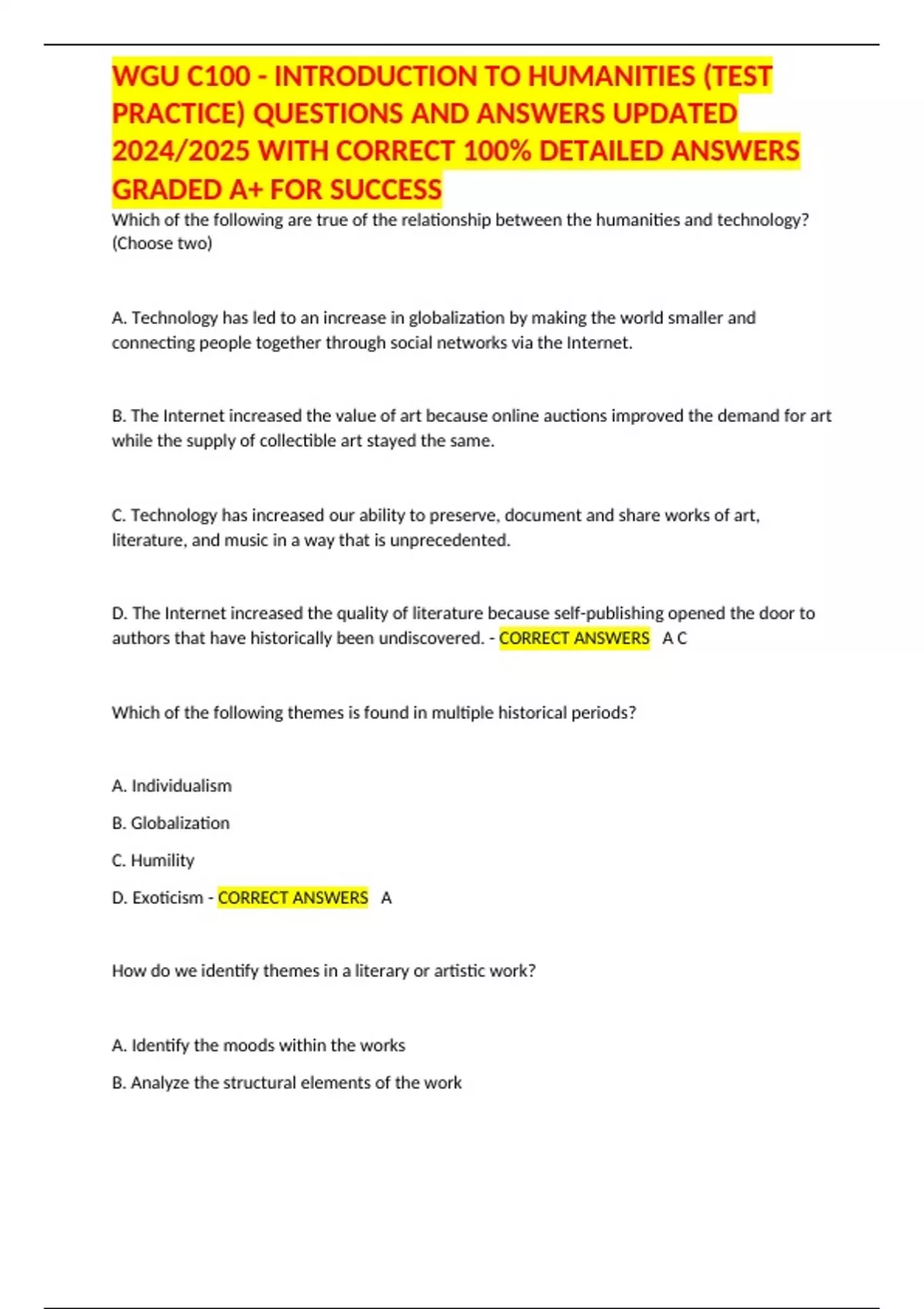WGU C100 - INTRODUCTION TO HUMANITIES (TEST PRACTICE) QUESTIONS AND ...