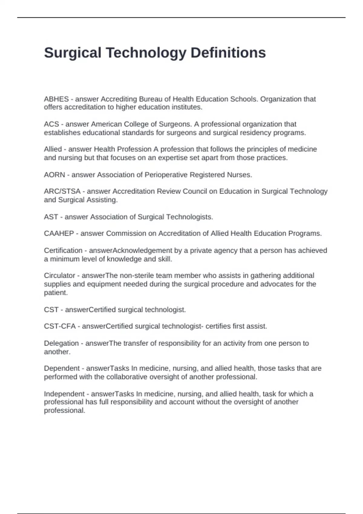 Surgical Technology Definitions Questions with Solutions - Surgical ...