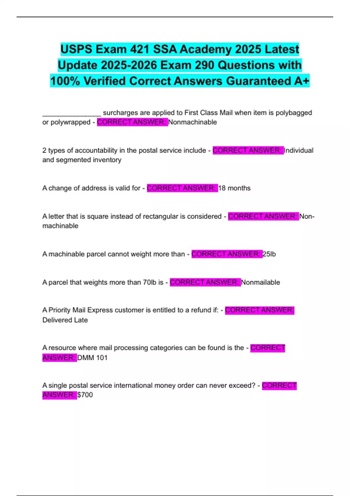 USPS Exam 421 SSA Academy 2025 Latest Update Exam 290 Questions with ...