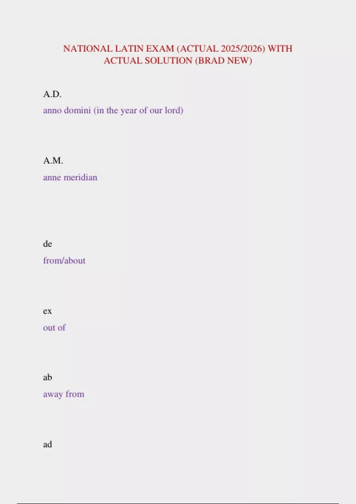 NATIONAL LATIN EXAM (ACTUAL 2025/2026) WITH ACTUAL SOLUTION (BRAD NEW ...