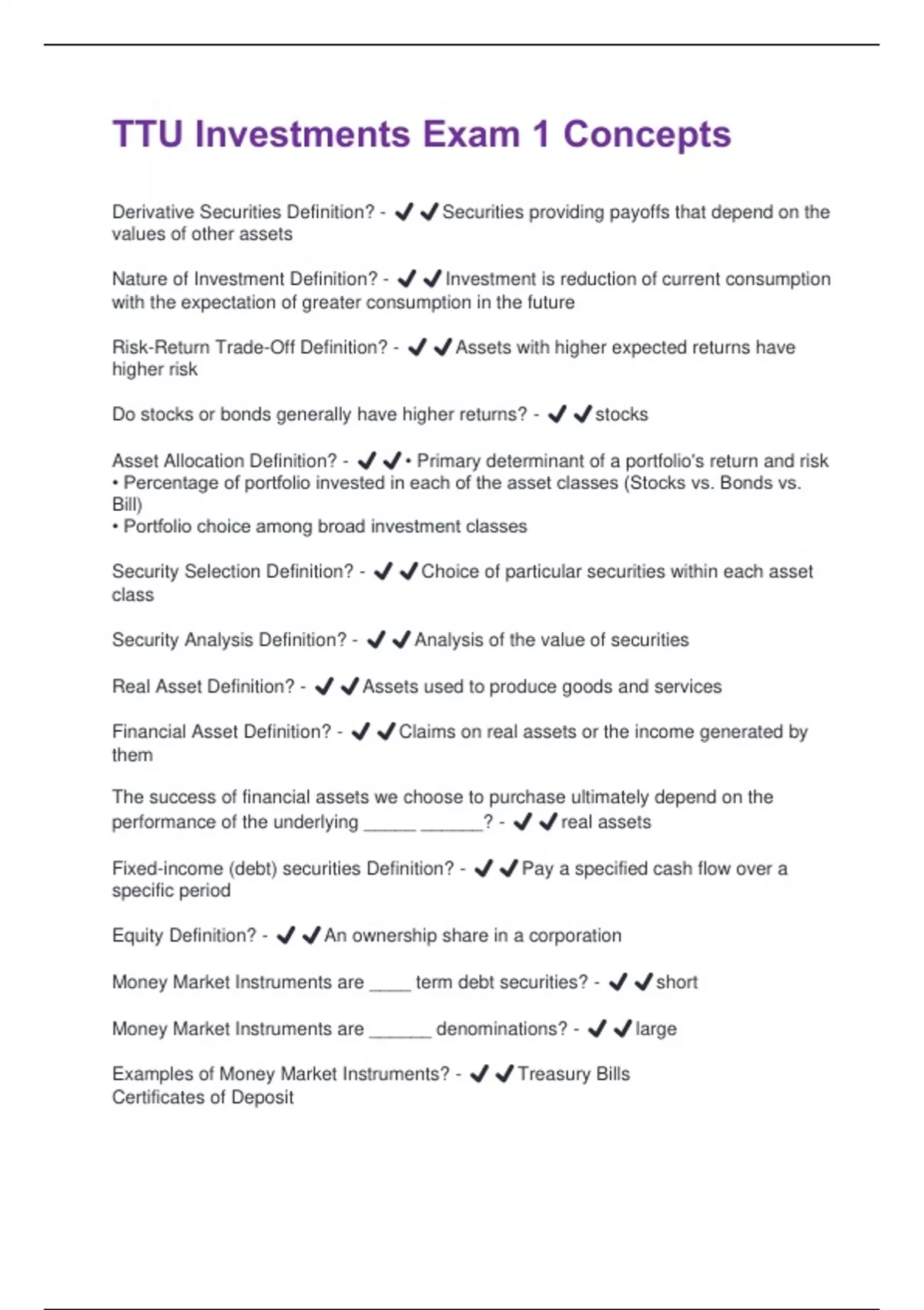 TTU Investments Exam 1 Concepts Latest 2025 Update with complete ...