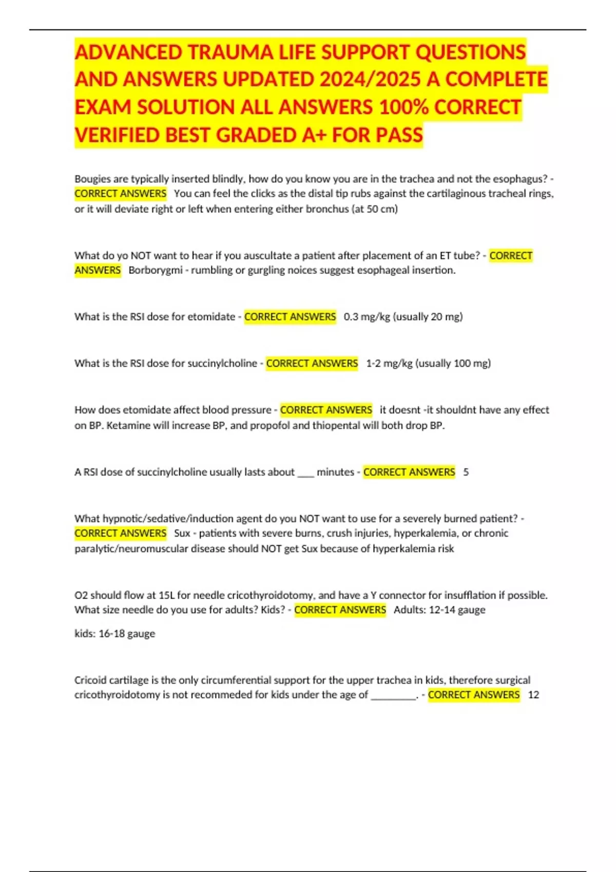 ADVANCED TRAUMA LIFE SUPPORT QUESTIONS AND ANSWERS UPDATED 2024/2025 A ...