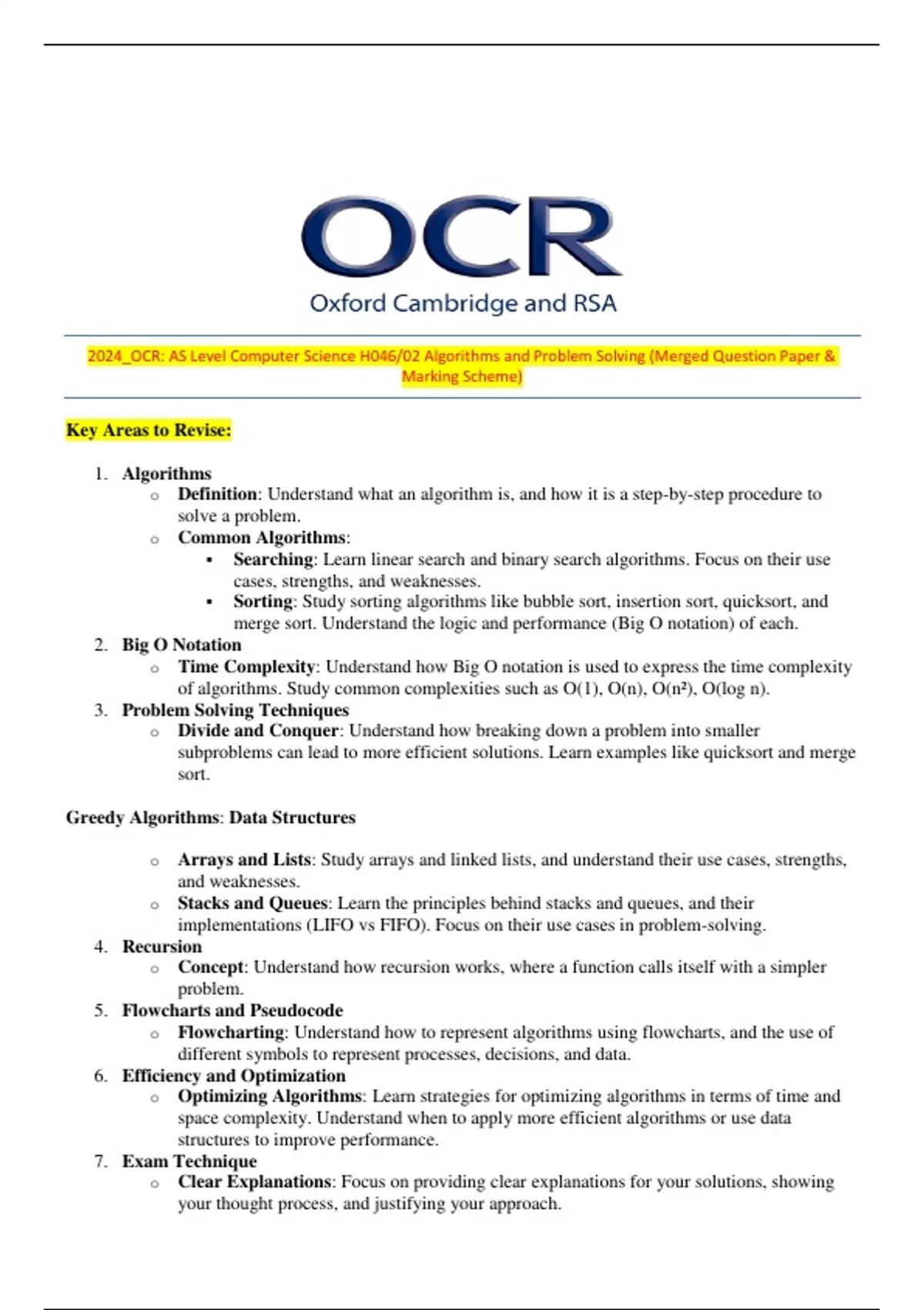 2024ocr As Level Computer Science H04602 Algorithms And Problem Solving Merged Question