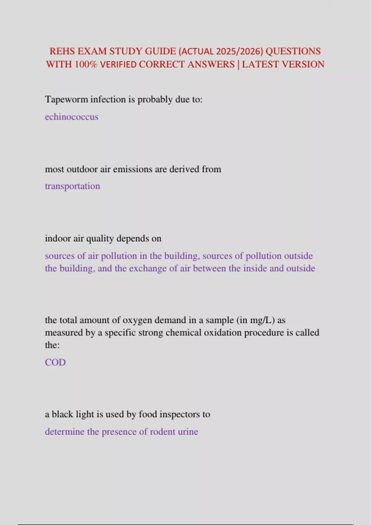 REHS EXAM STUDY GUIDE (ACTUAL 2025/2026) QUESTIONS WITH 100% VERIFIED ...