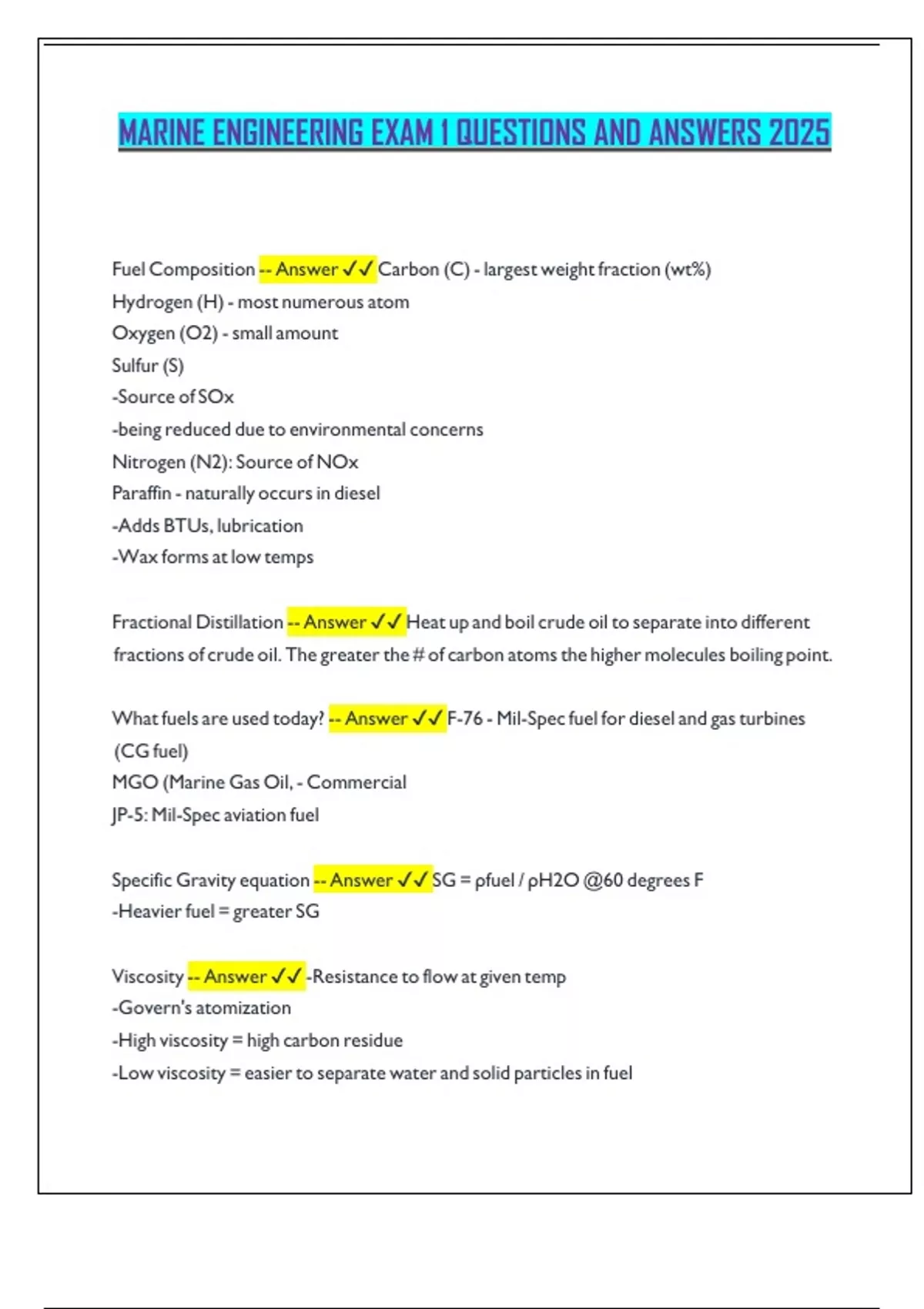 MARINE ENGINEERING EXAM 1 QUESTIONS AND ANSWERS 2025 - Marine ...