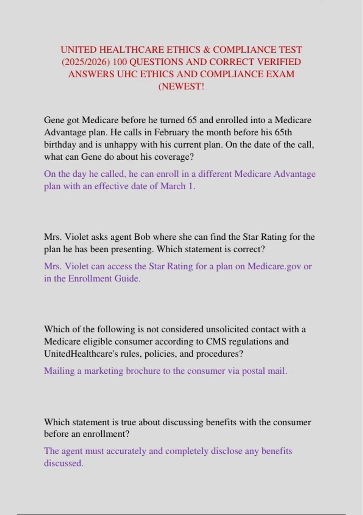 UNITED HEALTHCARE ETHICS & COMPLIANCE TEST (2025/2026) 100 QUESTIONS ...