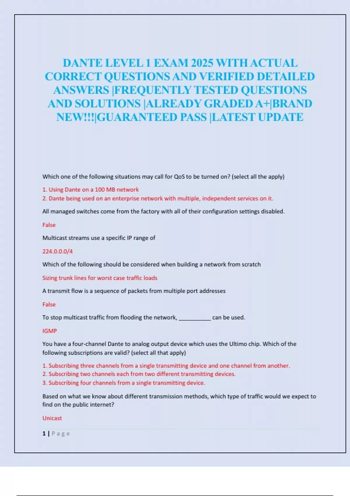 DANTE LEVEL 1 EXAM 2025 WITH ACTUAL CORRECT QUESTIONS AND VERIFIED ...