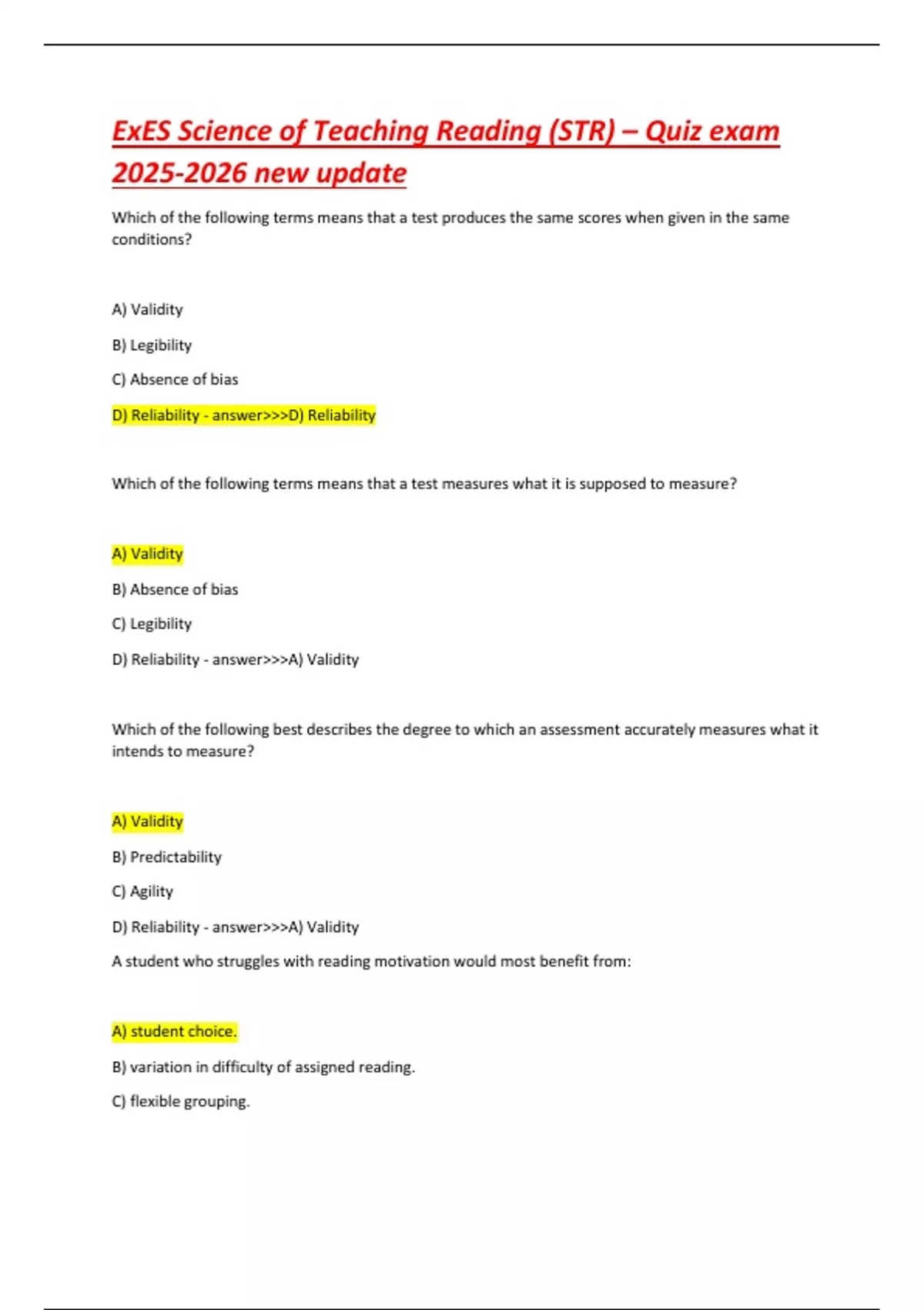 ExES Science of Teaching Reading (STR) – Quiz exam new update - ExES ...